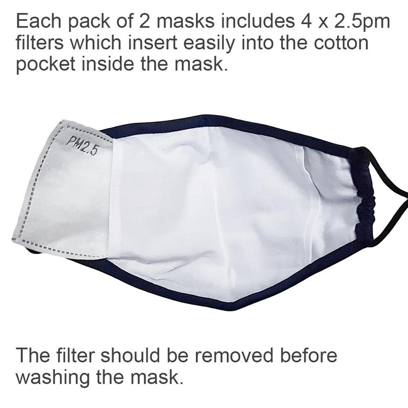 3 Layer Cotton Face Masks. Pack of 2 with 4 x PM 2.5 Filters - SwimCell