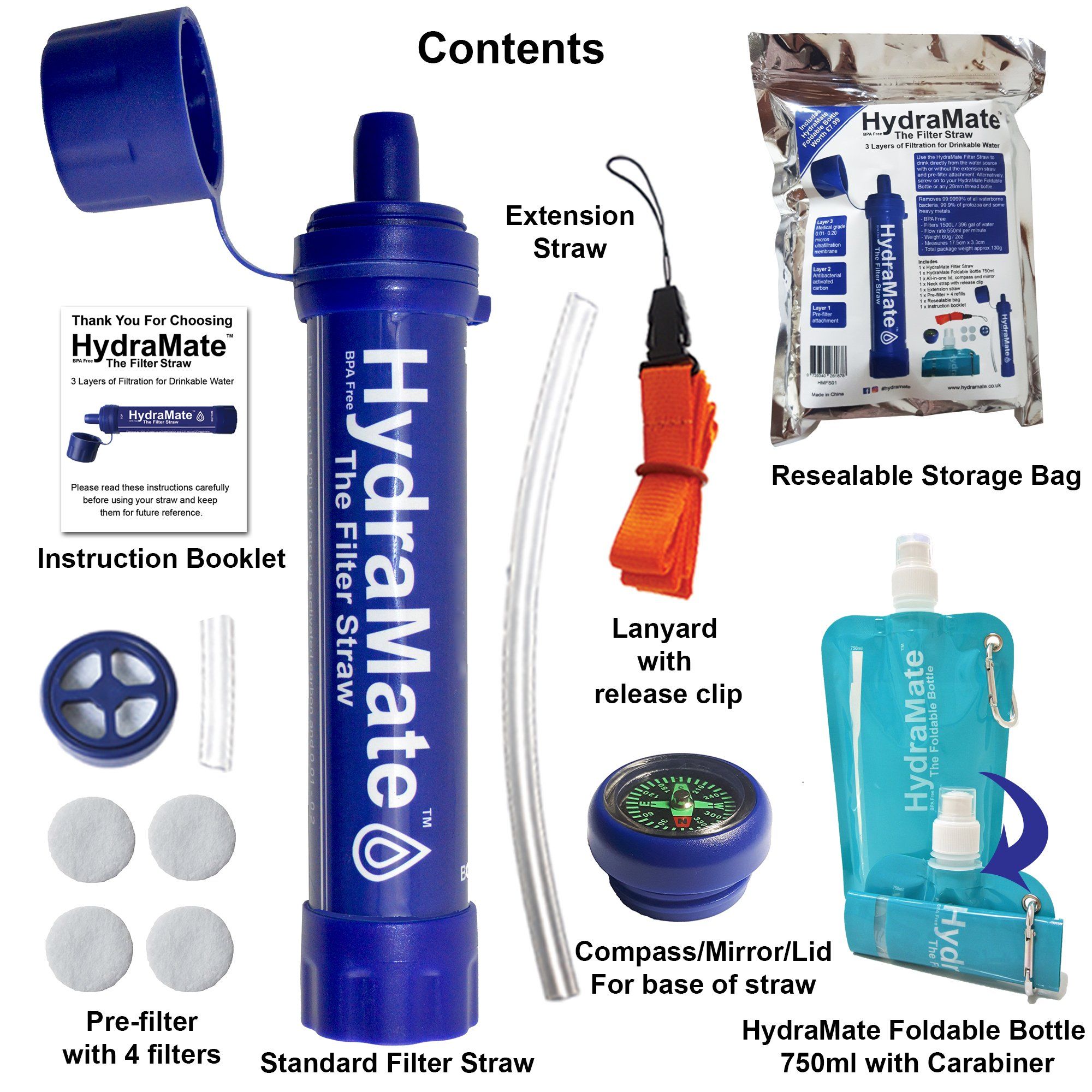 HydraMate Water Filter Straw Kit With or Without Carbon