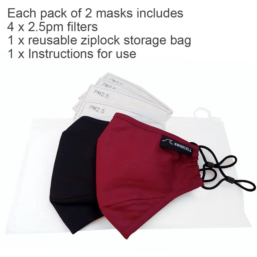 3 Layer Cotton Face Masks. Pack of 2 with Filters