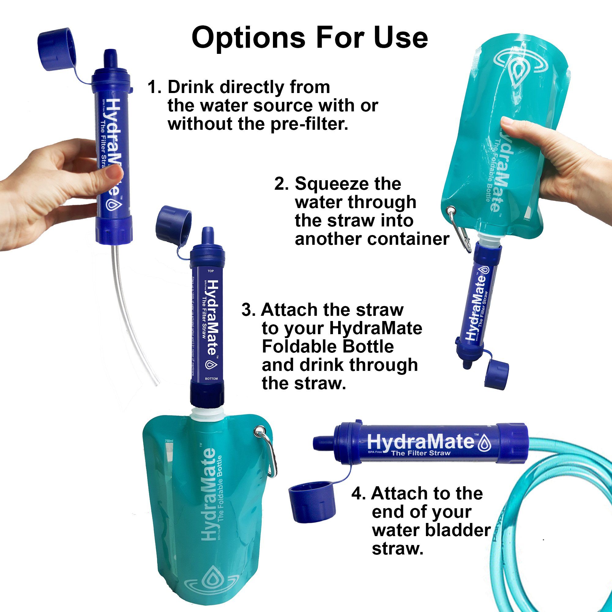 HydraMate Water Filter Straw Kit With or Without Carbon